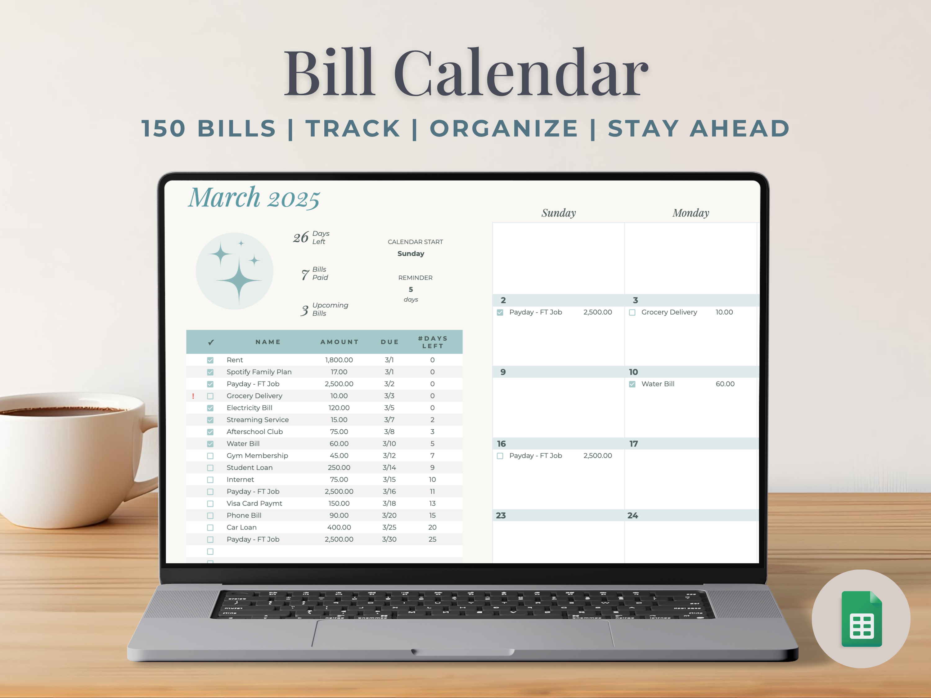 Monthly Bill Calendar Google Sheets Spreadsheet Template – confidentcoin